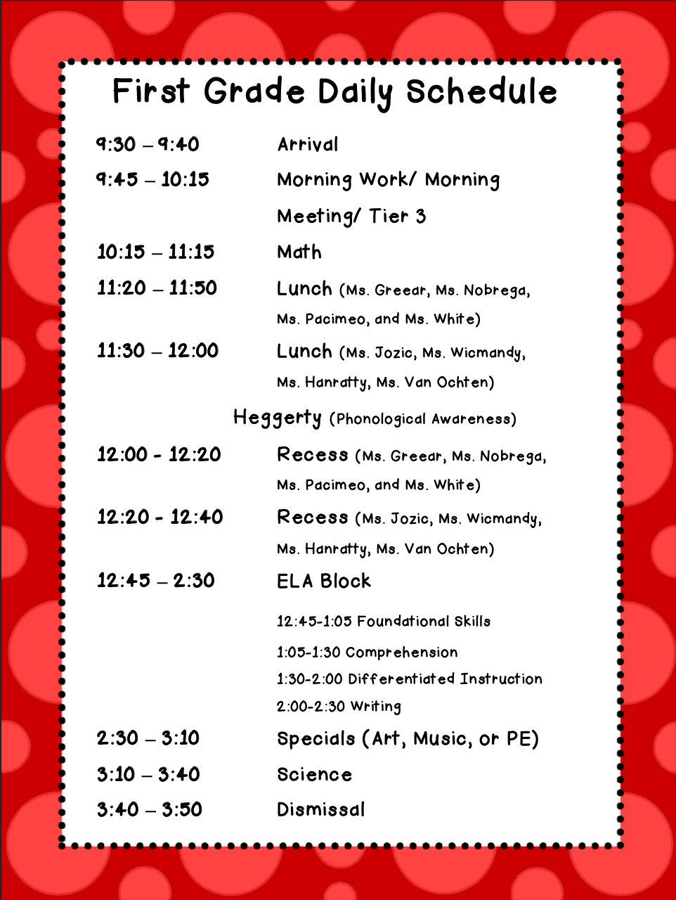 Our Daily Schedule | First grade Crew